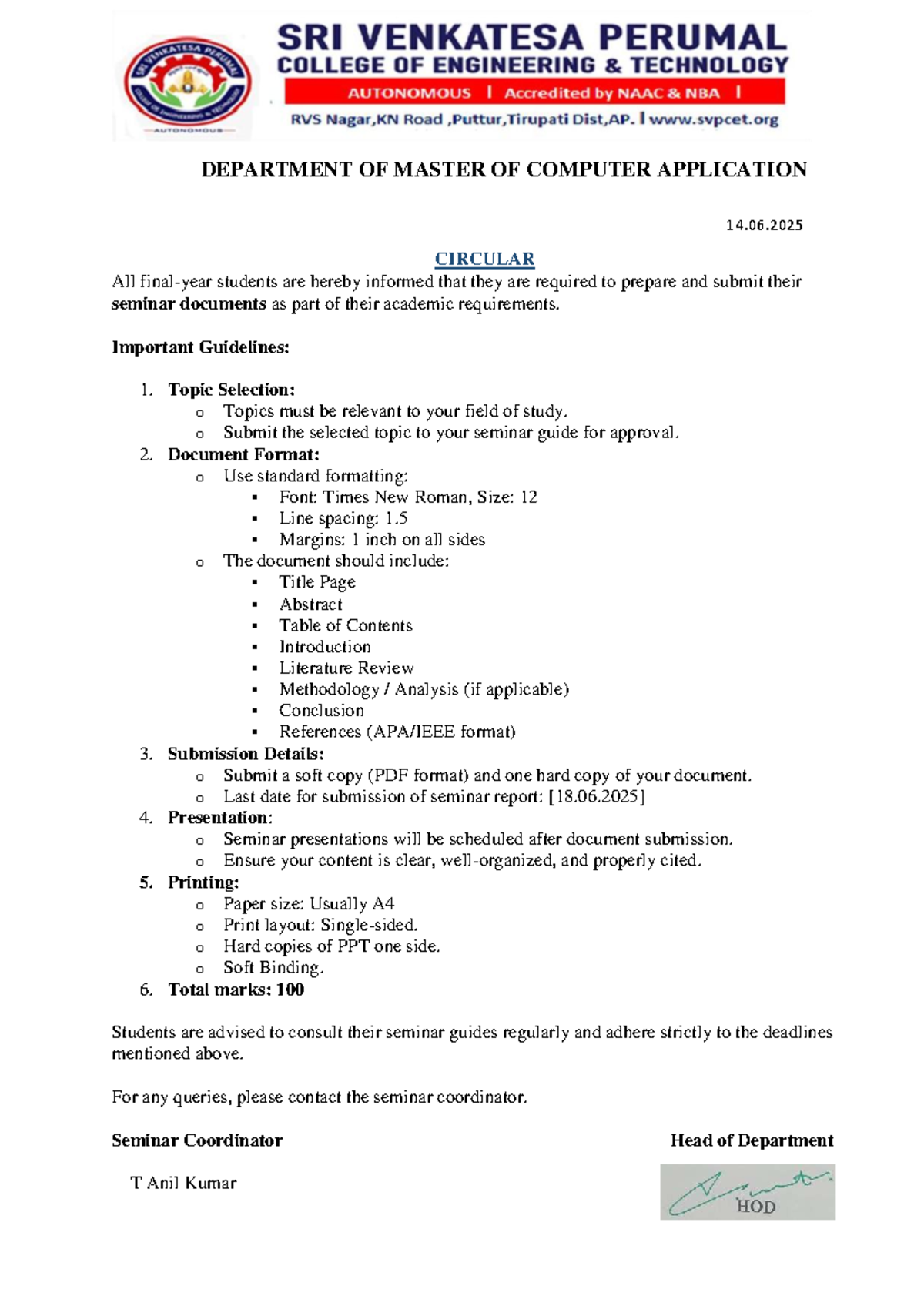 Seminar Circular for Final Year Students - MCA 14.06.2025 - Studocu