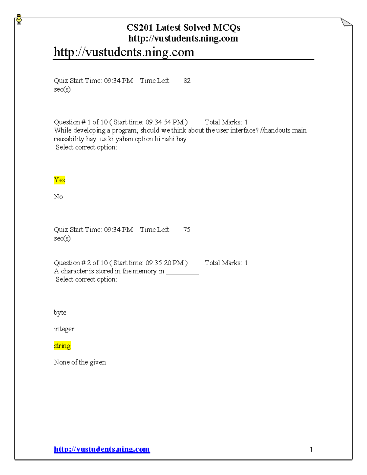 CS201 Latest MCQs Midterm Quiz Solutions and Key Answers - Studocu
