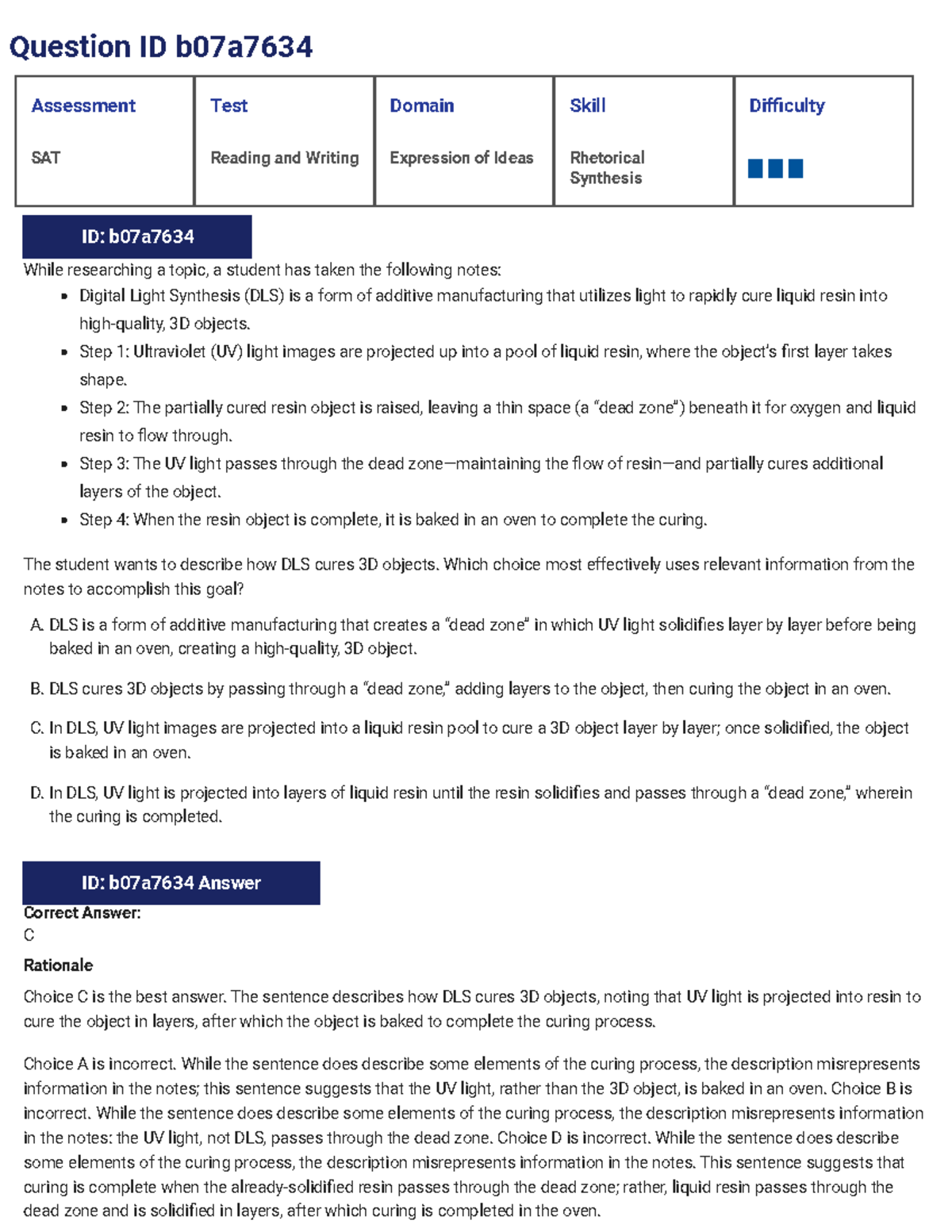 Assessment Test ID b07a7634: SAT Reading & Writing Rhetorical Synthesis ...