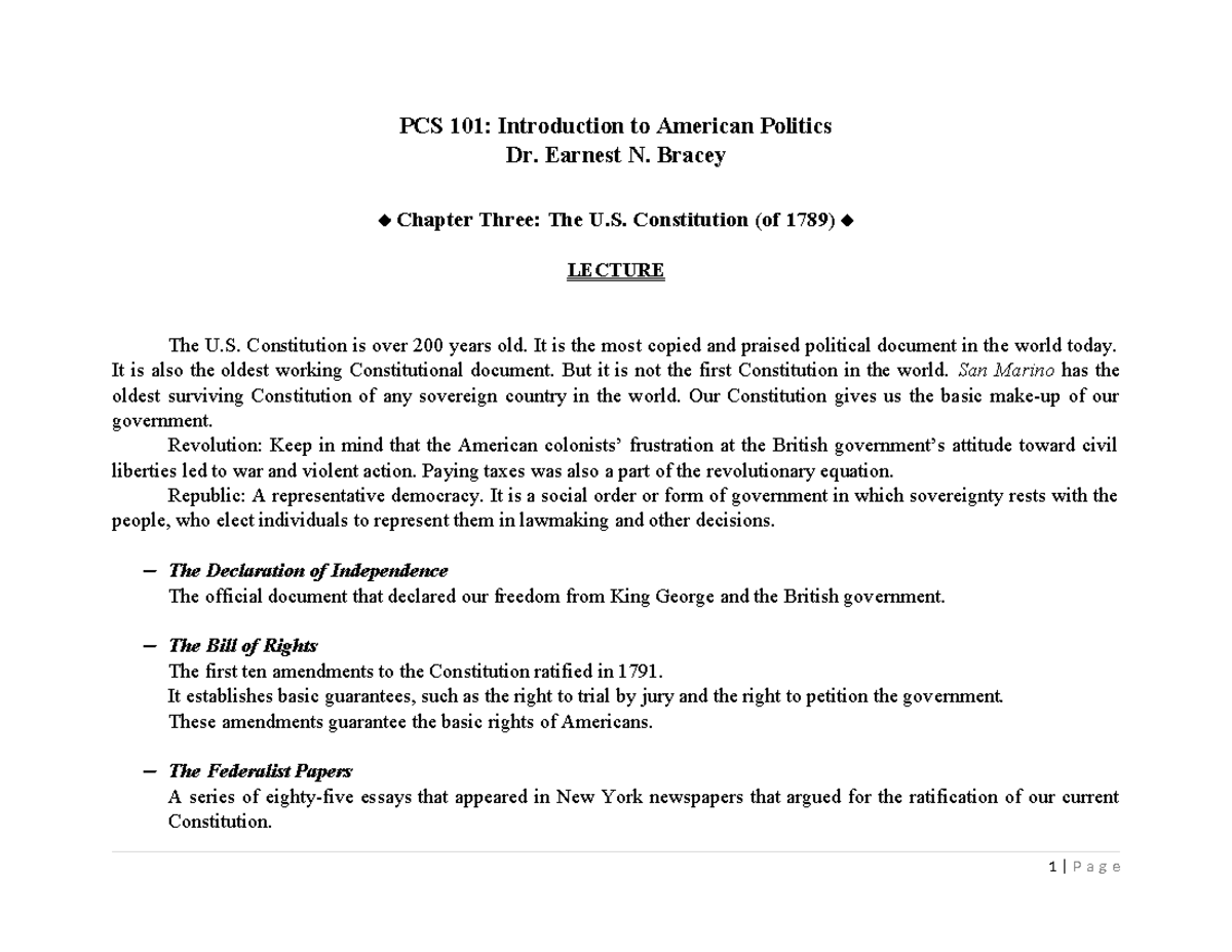 PCS 101: Lecture Notes on Chapter 3 - The U.S. Constitution - PCS 101 ...