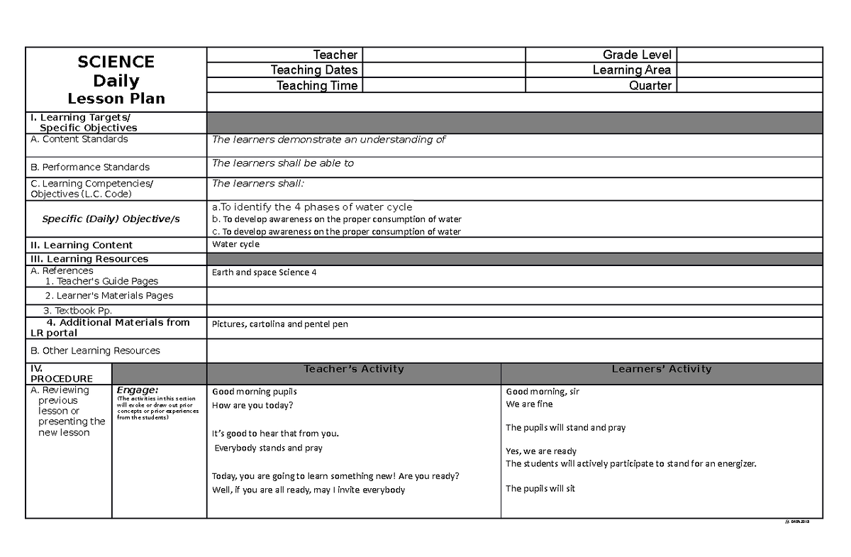 DLP-5Es-Template - Detailed Lesson Plan on the Water Cycle - Studocu