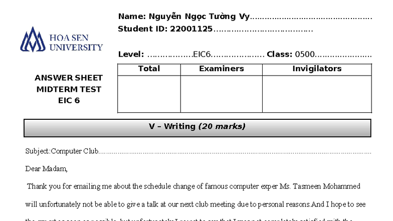 Answer Sheet - EIC 6 - Midterm Test in English - Studocu