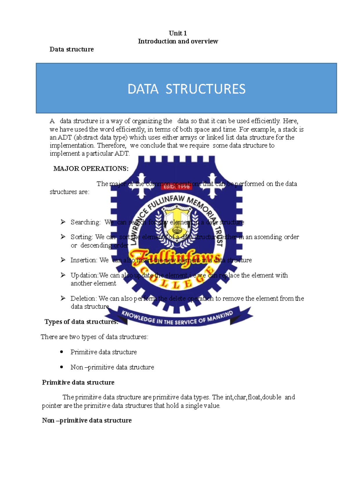 DATA Structures Overview and Major Operations - UNIT 1 - Studocu