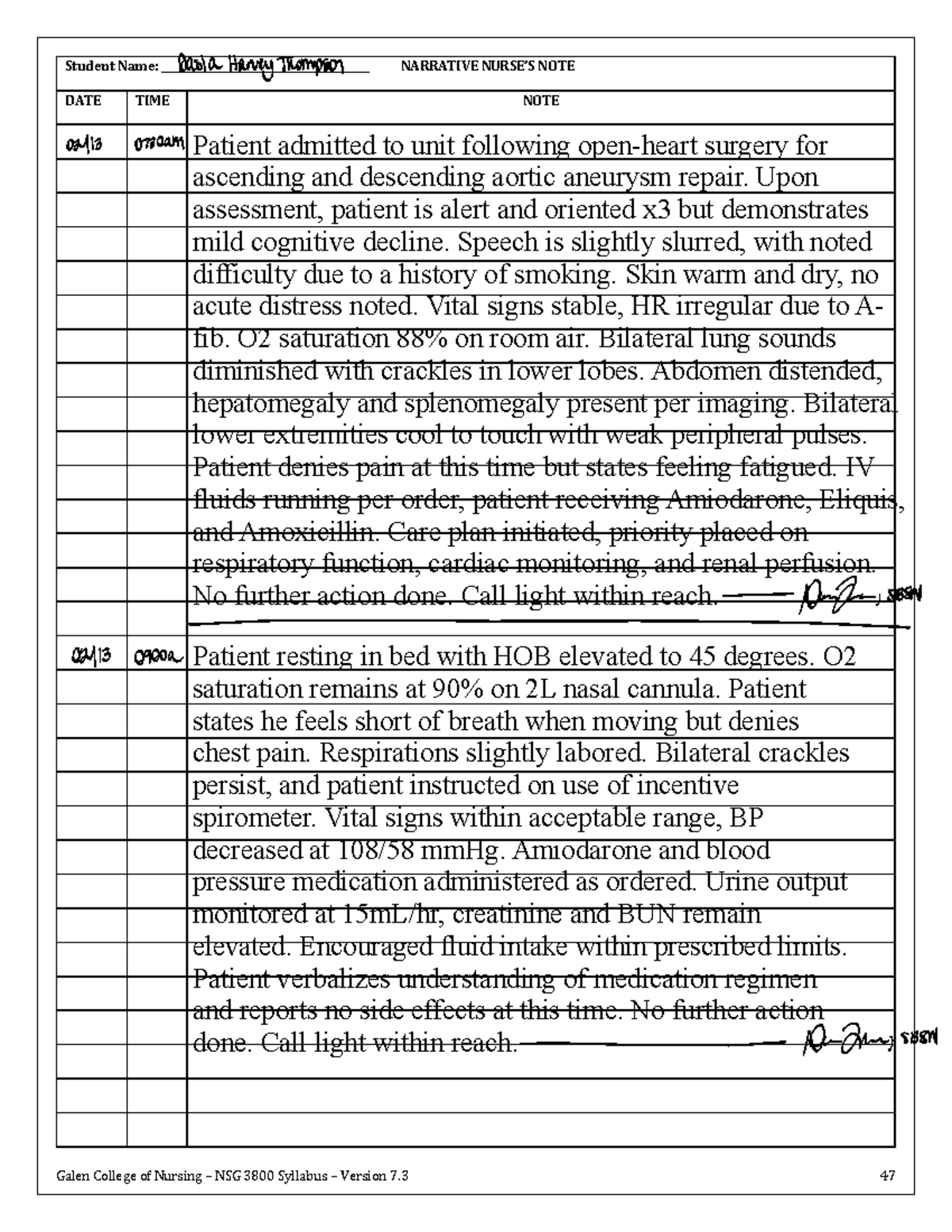 NSG 3800 Clinical Narrative Note on Post-Surgery Patient Care - Studocu
