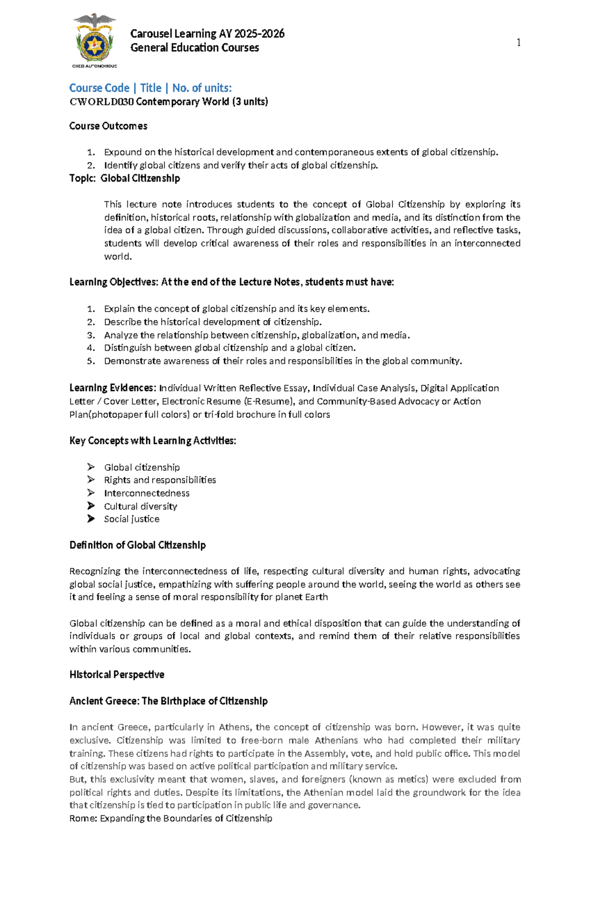 CWORLD030 Lecture Notes on Global Citizenship (April 23 - May 7) - Studocu
