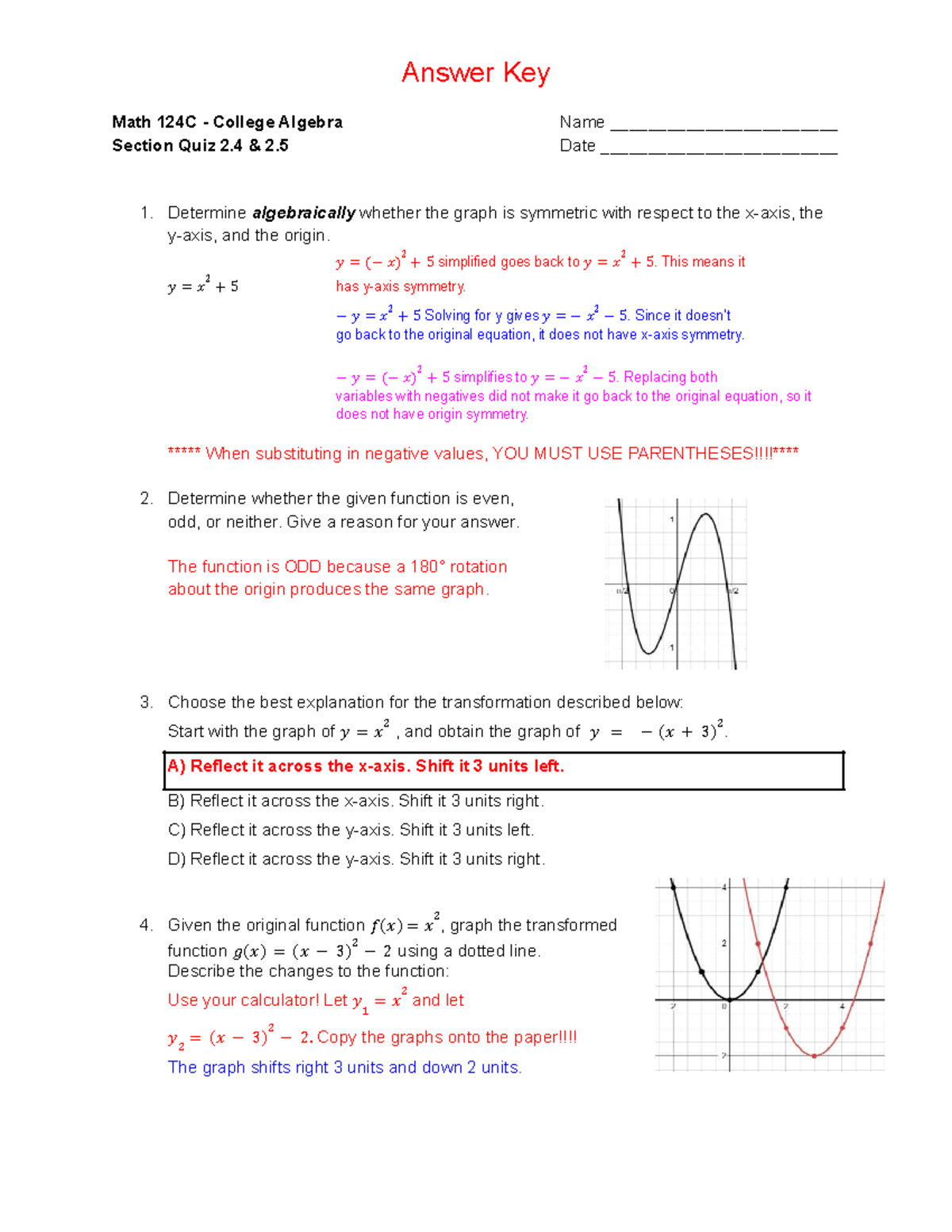 Answer Key for Math 124C Quiz 2.4 & 2.5: Symmetry & Transformations ...