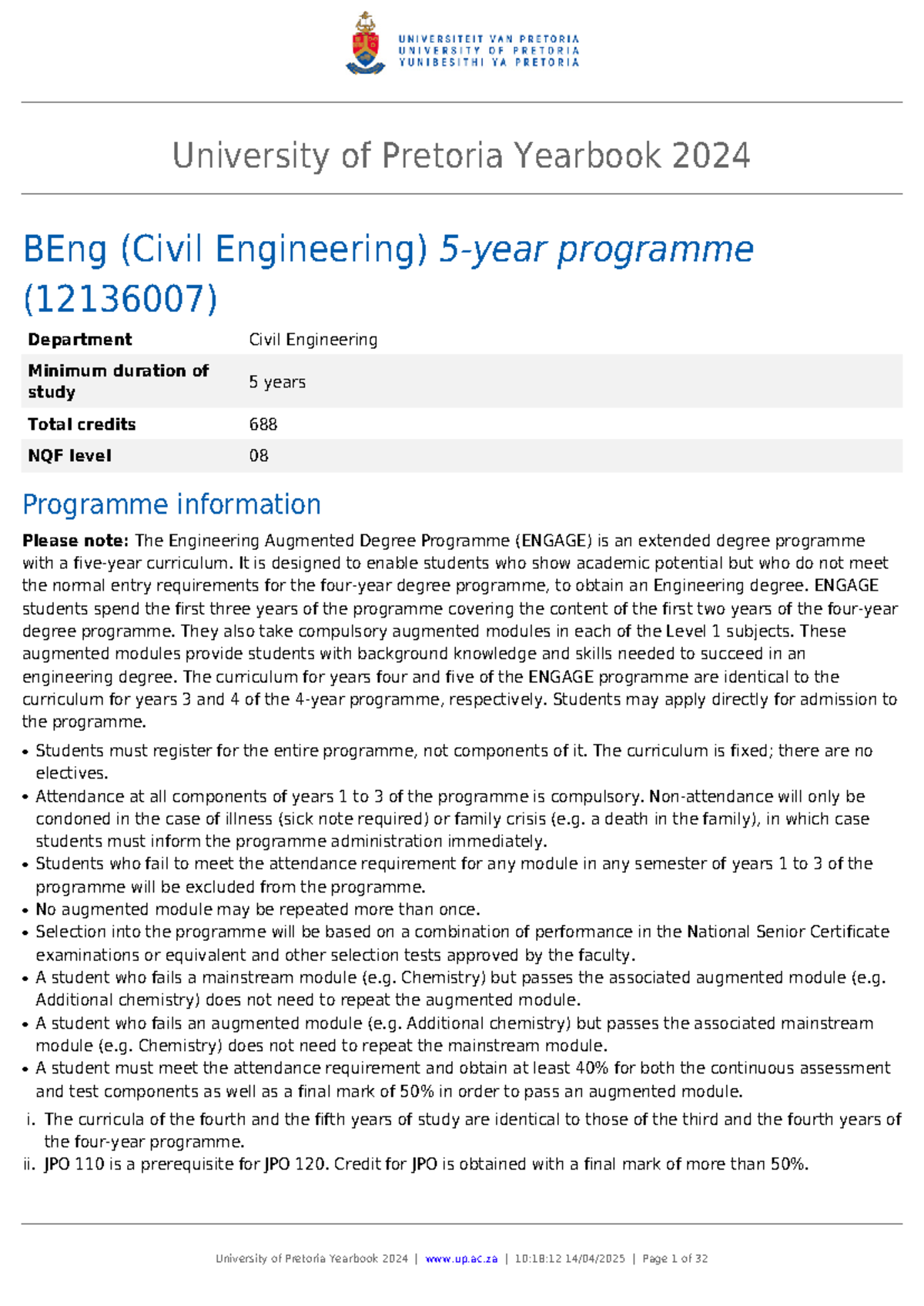 BEng (Civil Engineering) 5-Year Curriculum Overview - UP 2024 - Studocu