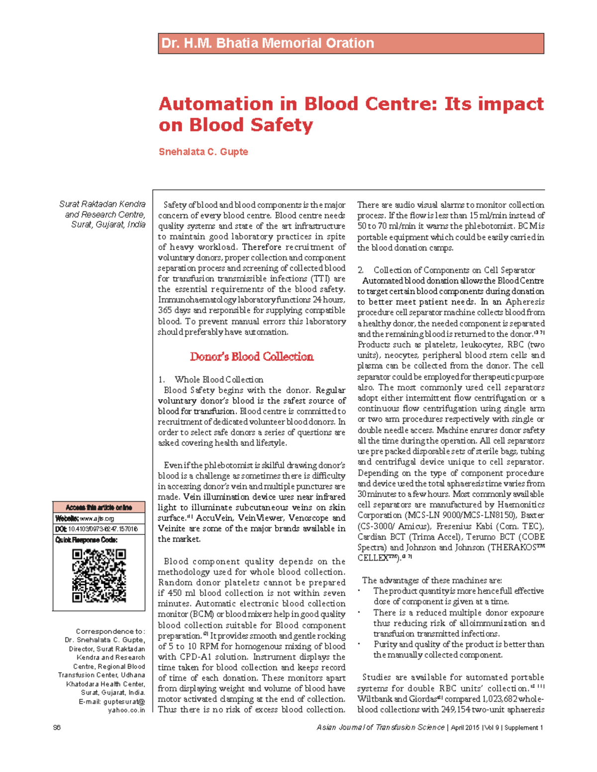 Automation in Blood Centre: Enhancing Blood Safety and Quality - Studocu