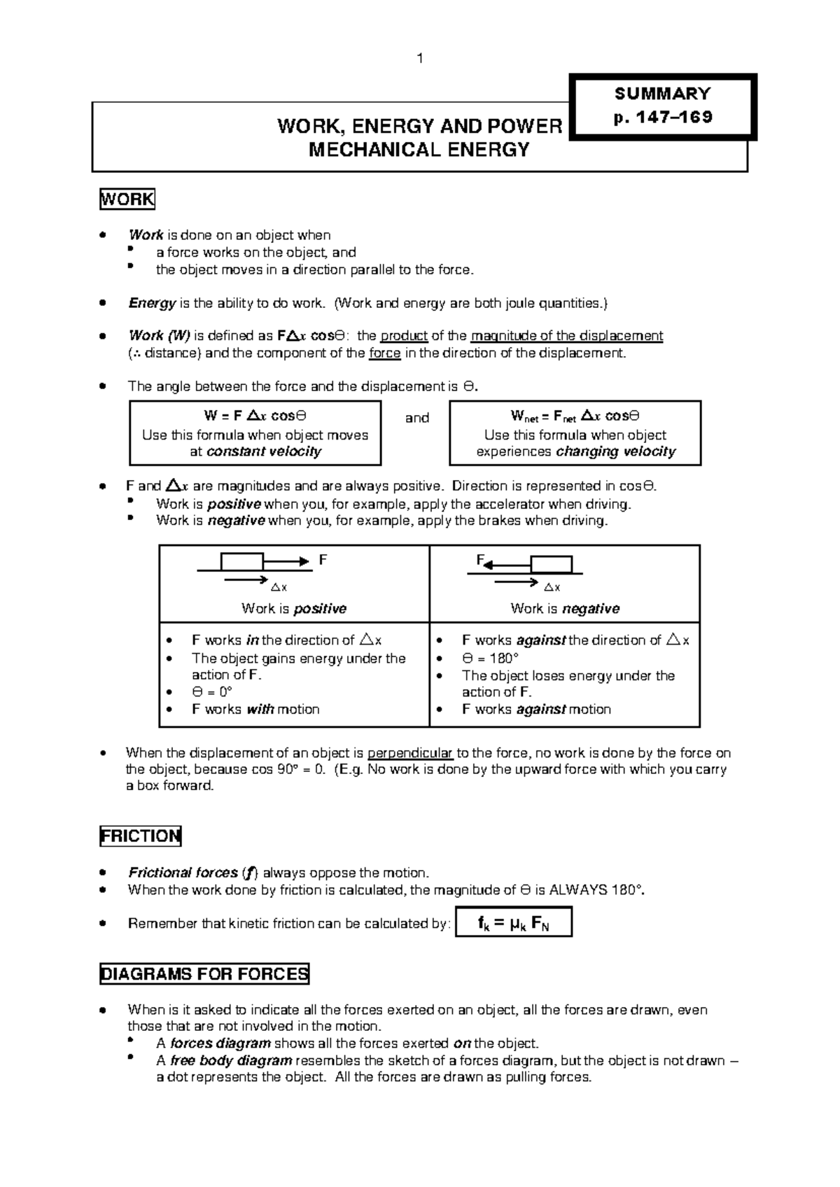 1 WORK, ENERGY, AND POWER MECHANICAL ENERGY SUMMARY (PHYS 101) - Studocu
