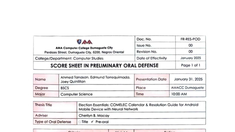 Score Sheet for Preliminary Oral Defense - BSCS 2025 - Studocu