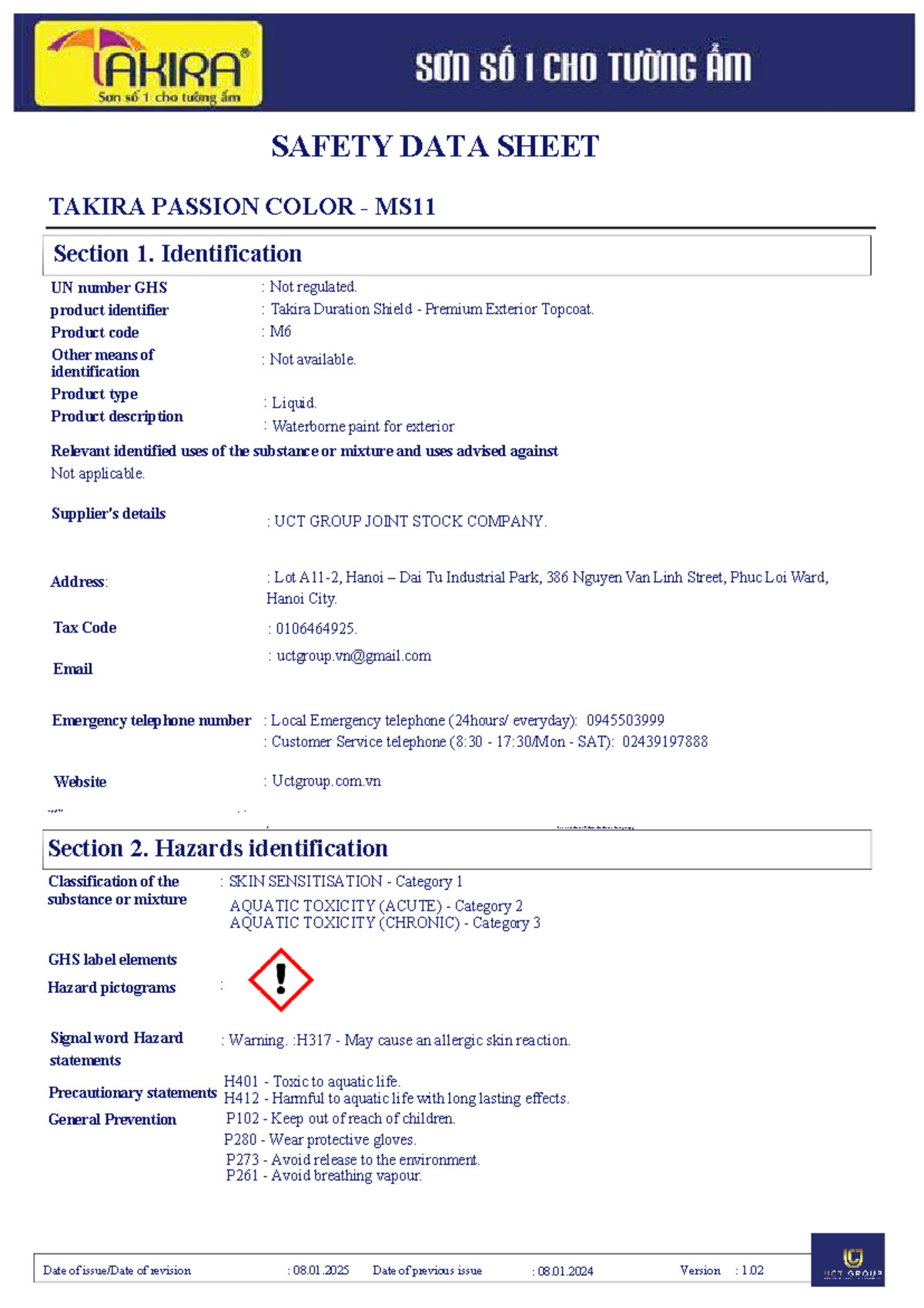 MSDS MS11: Takira Premium Waterproof Paint Safety Data Sheet - Studocu