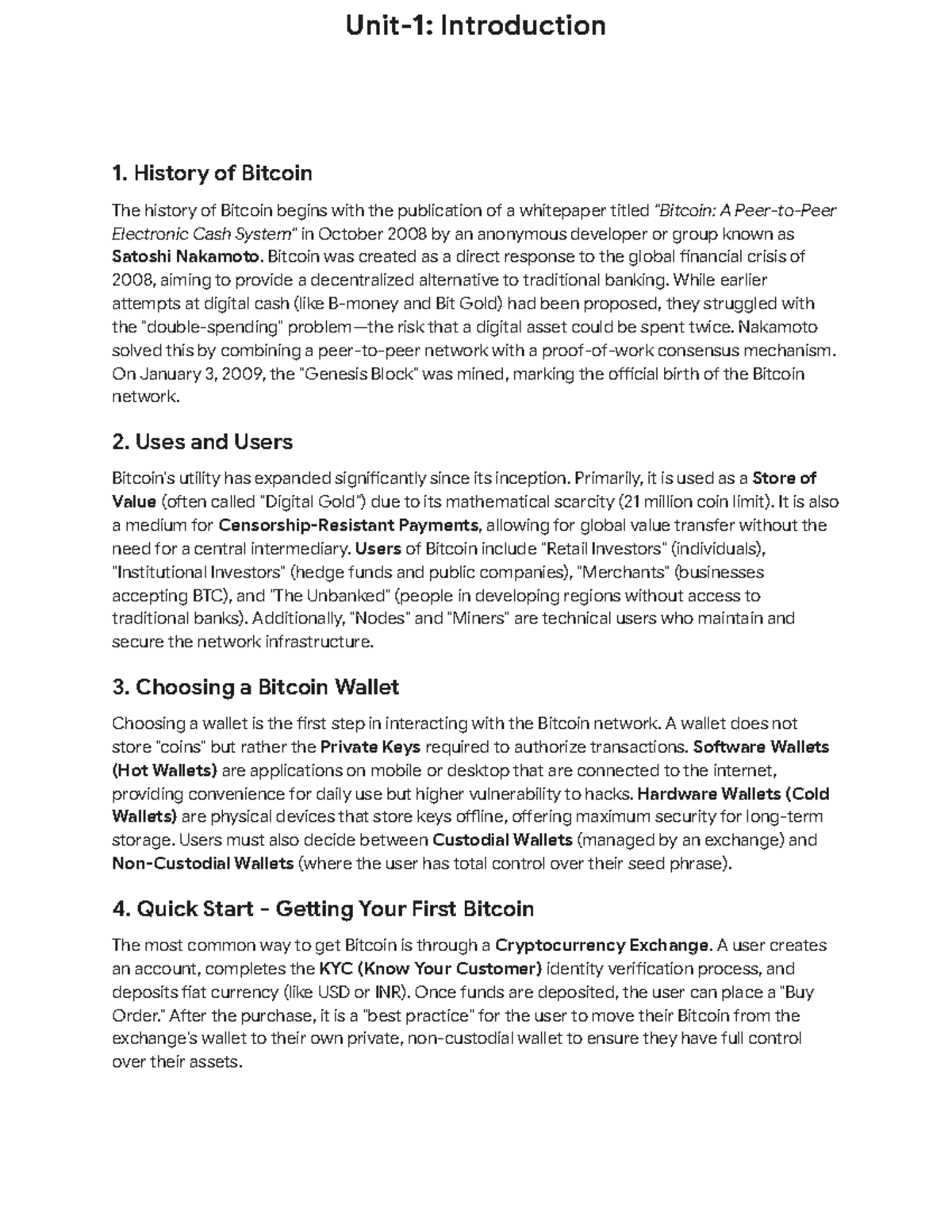 Unit 1: Introduction to Bitcoin - Detailed Notes on History, Wallets ...