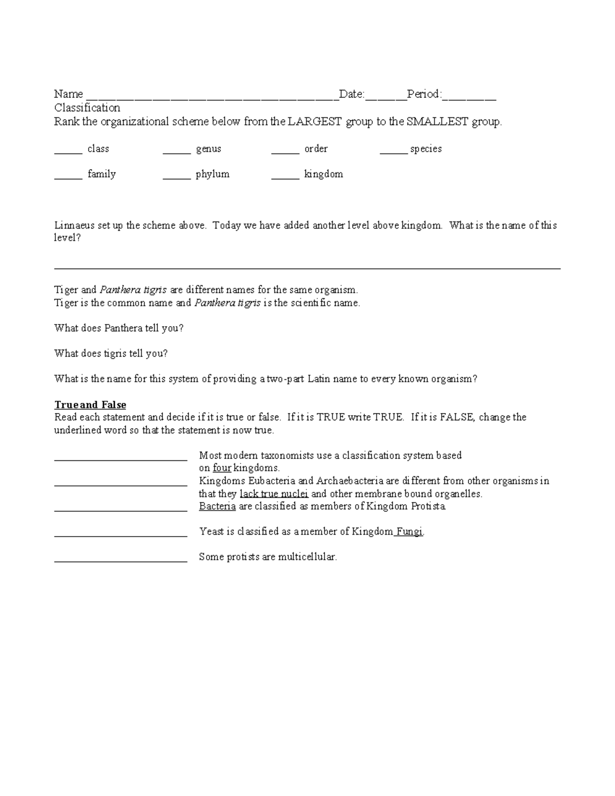 Classification-Bell-Ringer: Understanding Taxonomic Hierarchy - Studocu