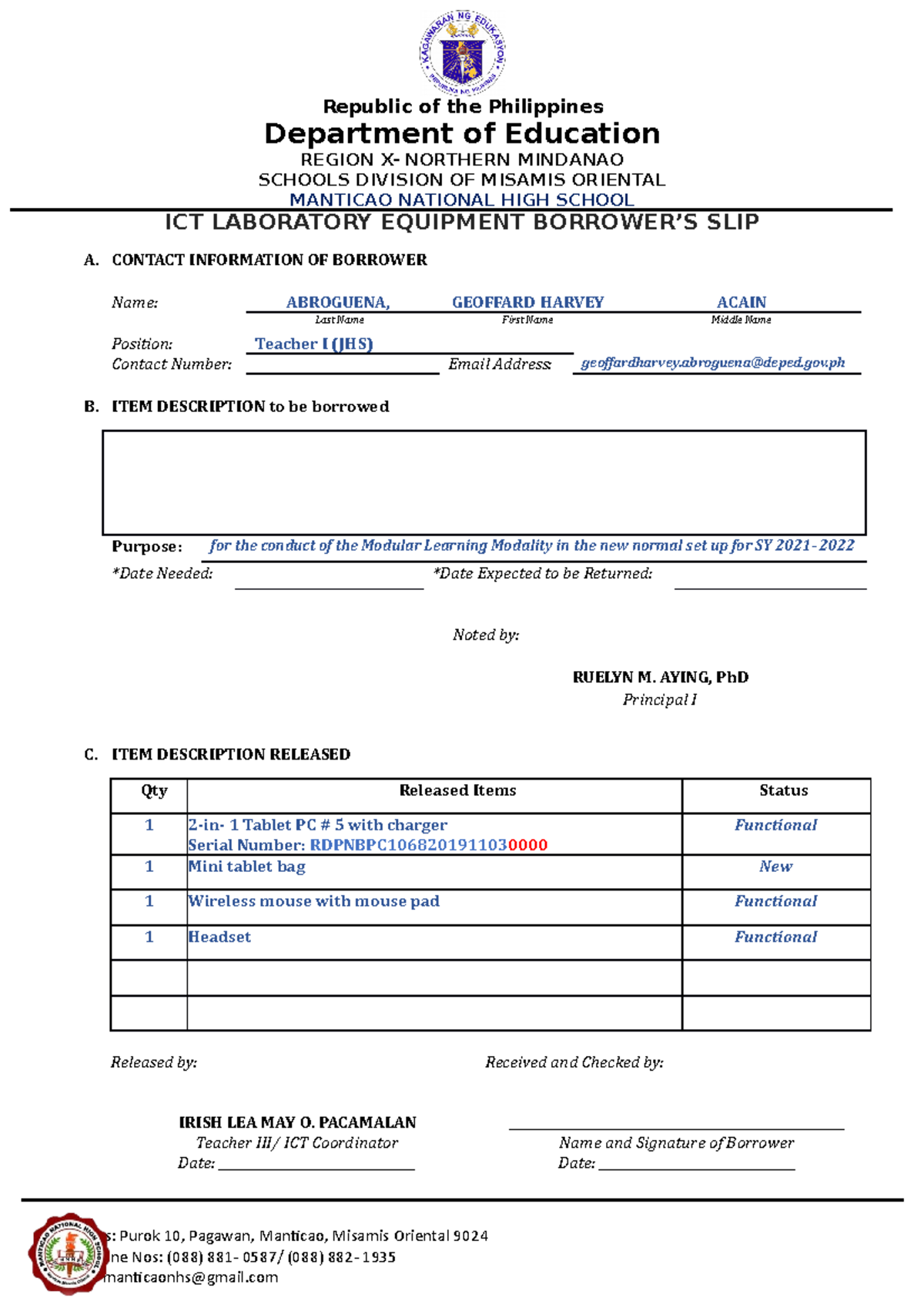ICT Laboratory Equipment Borrower's Slip for SY 2021-2022 - Studocu