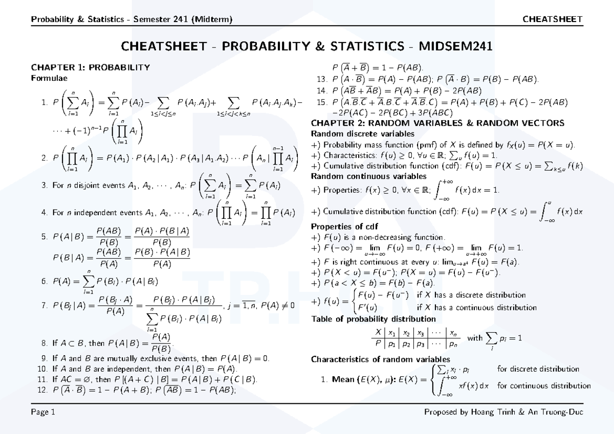 Cheatsheet PS mid241 pub-4 - Probability & Statistics - Semester 241 ...
