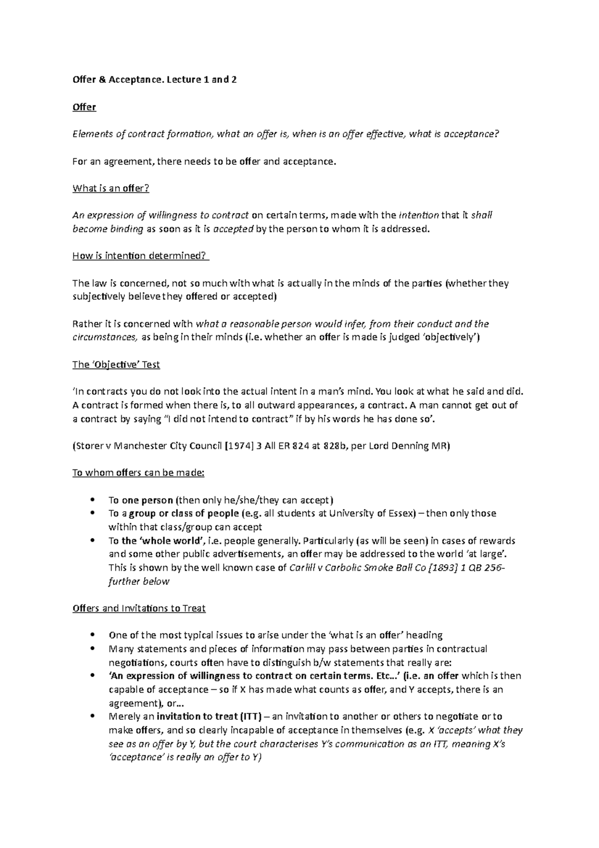 Offer and Acceptance Lecture - Offer & Acceptance. Lecture 1 and 2 Offer Elements of contract ...