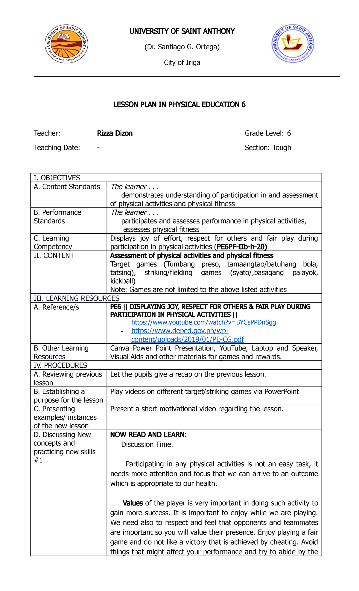 DEMO Lesson PLAN - LESSON PLAN IN PHYSICAL EDUCATION 6 Teacher: Rizza ...