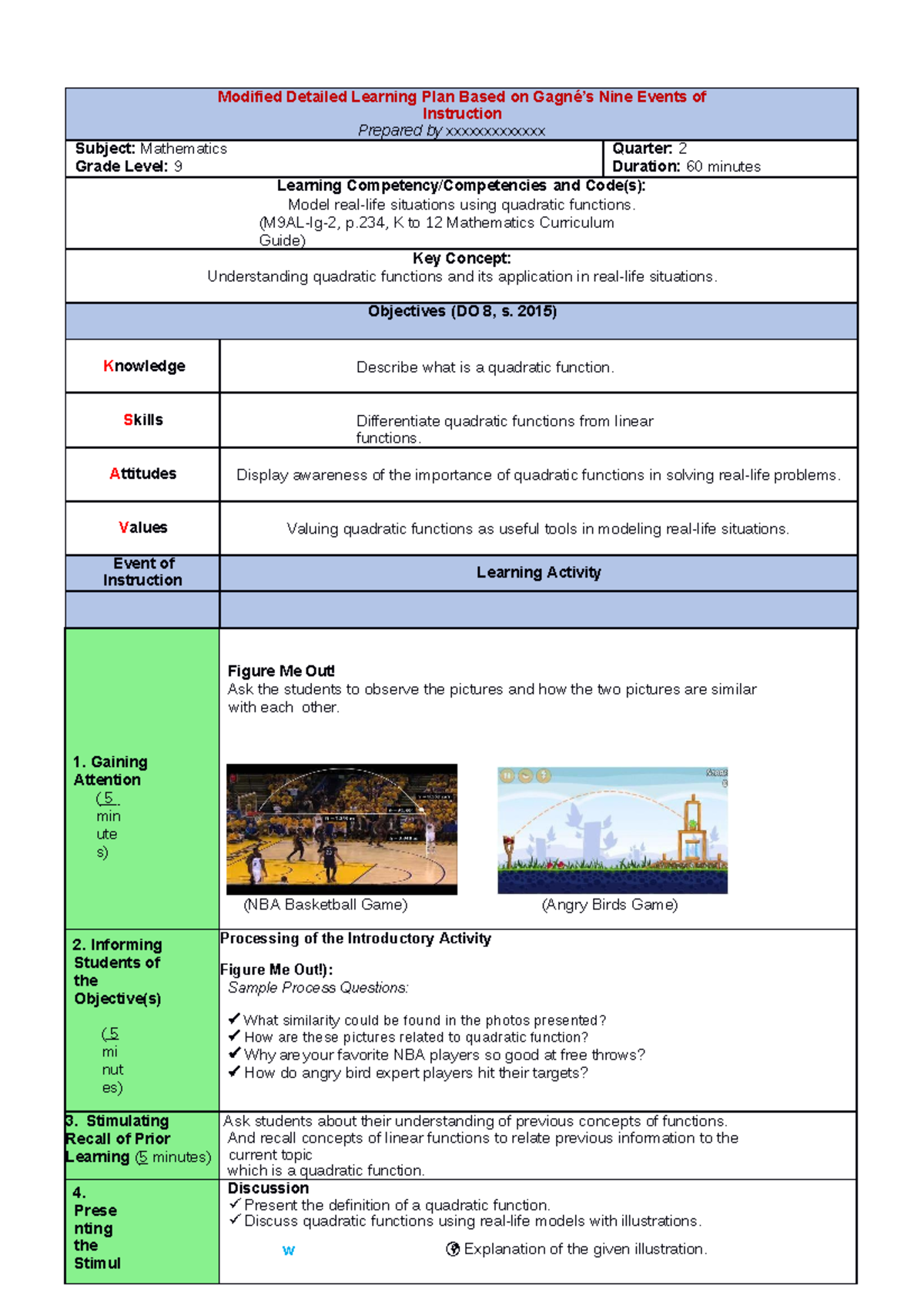 M9 Mathematics Lesson Plan: Gagné’s 9 Events of Instruction - Studocu
