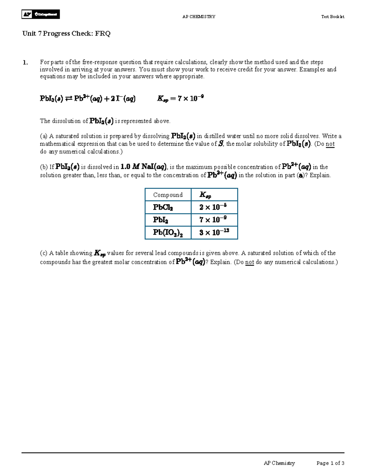 AP CHEMISTRY Unit 7 Progress Check: Free-Response Questions - Studocu
