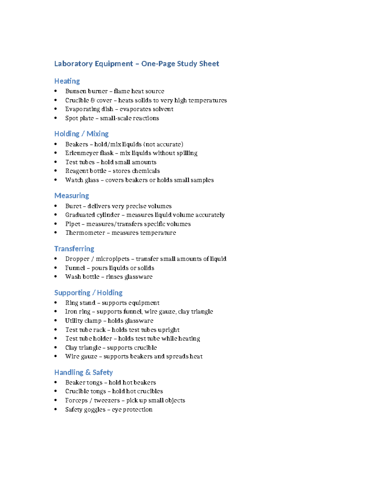 Lab Equipment Overview: One Page Study Sheet for Lab Techniques - Studocu