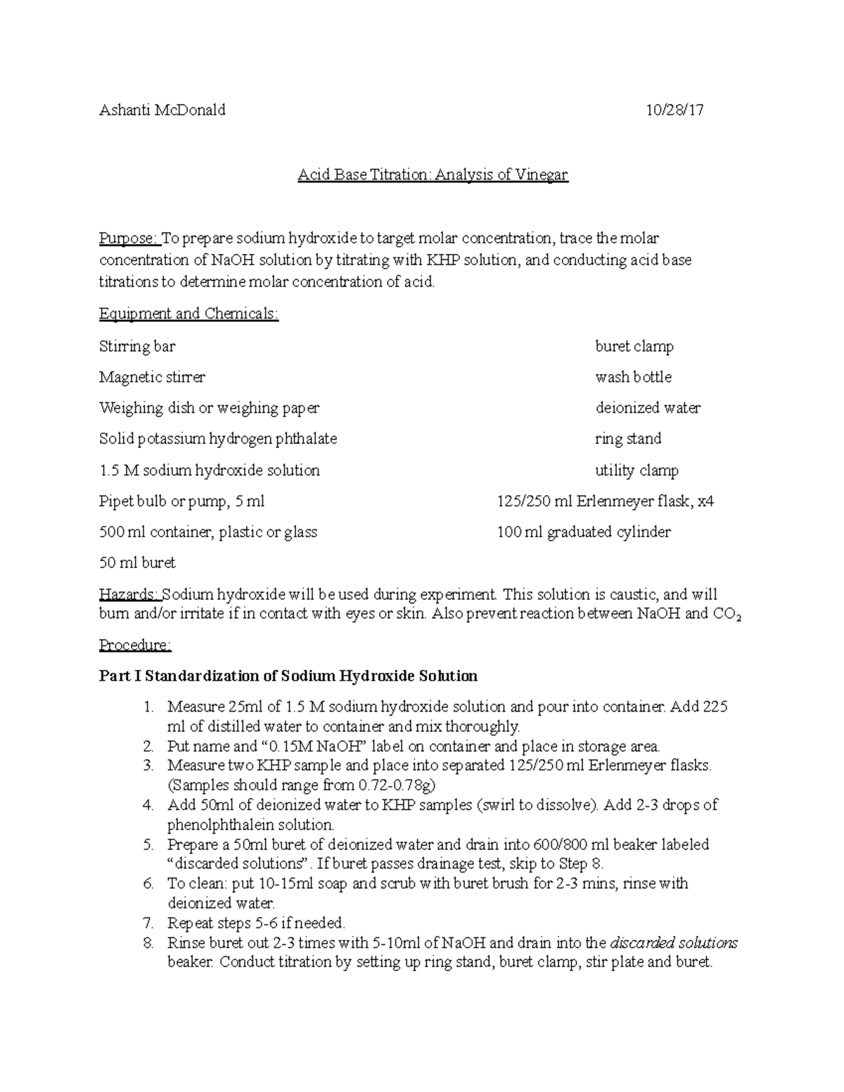 Chem 101: Acid-Base Titration Experiment Analysis of Vinegar - Studocu