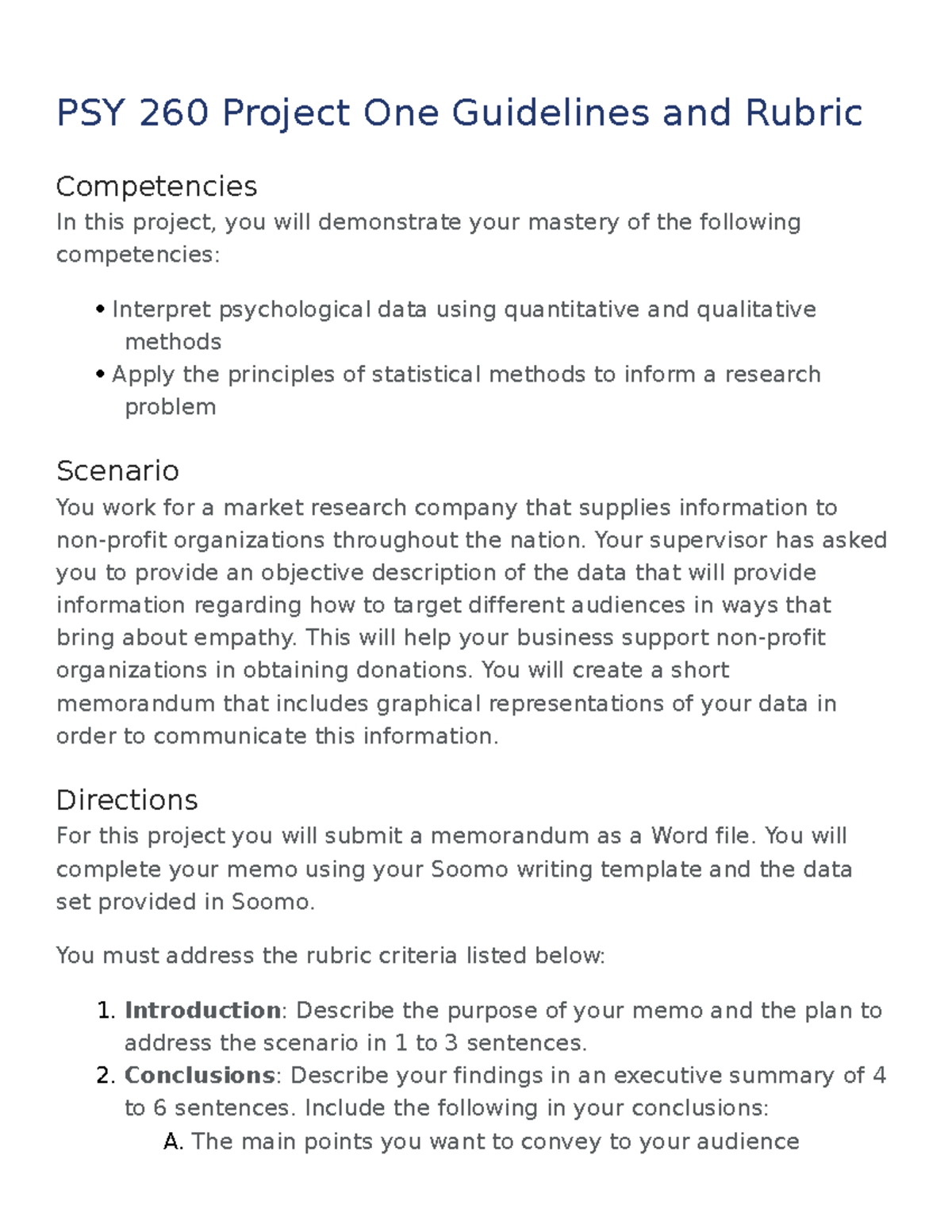 PSY 260 Project One: Guidelines for Data Analysis Memo and Rubric - Studocu