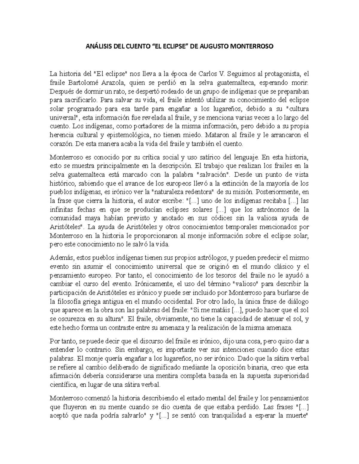 Resumen del cuento El Eclipse (Augusto Monterroso) - ANÁLISIS DEL ...