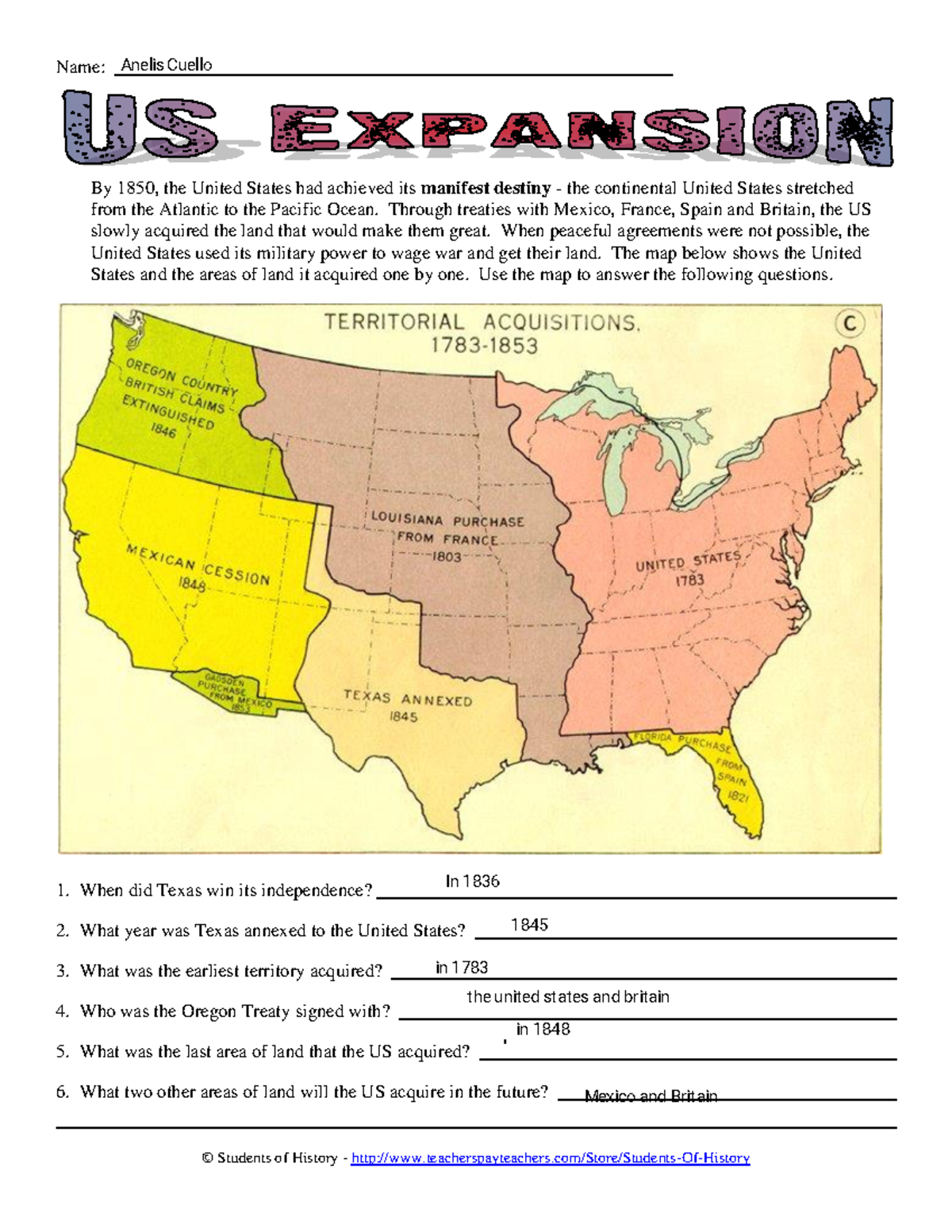 US Expansion Map: Key Acquisitions by 1850 - Anelis Cuello - Studocu