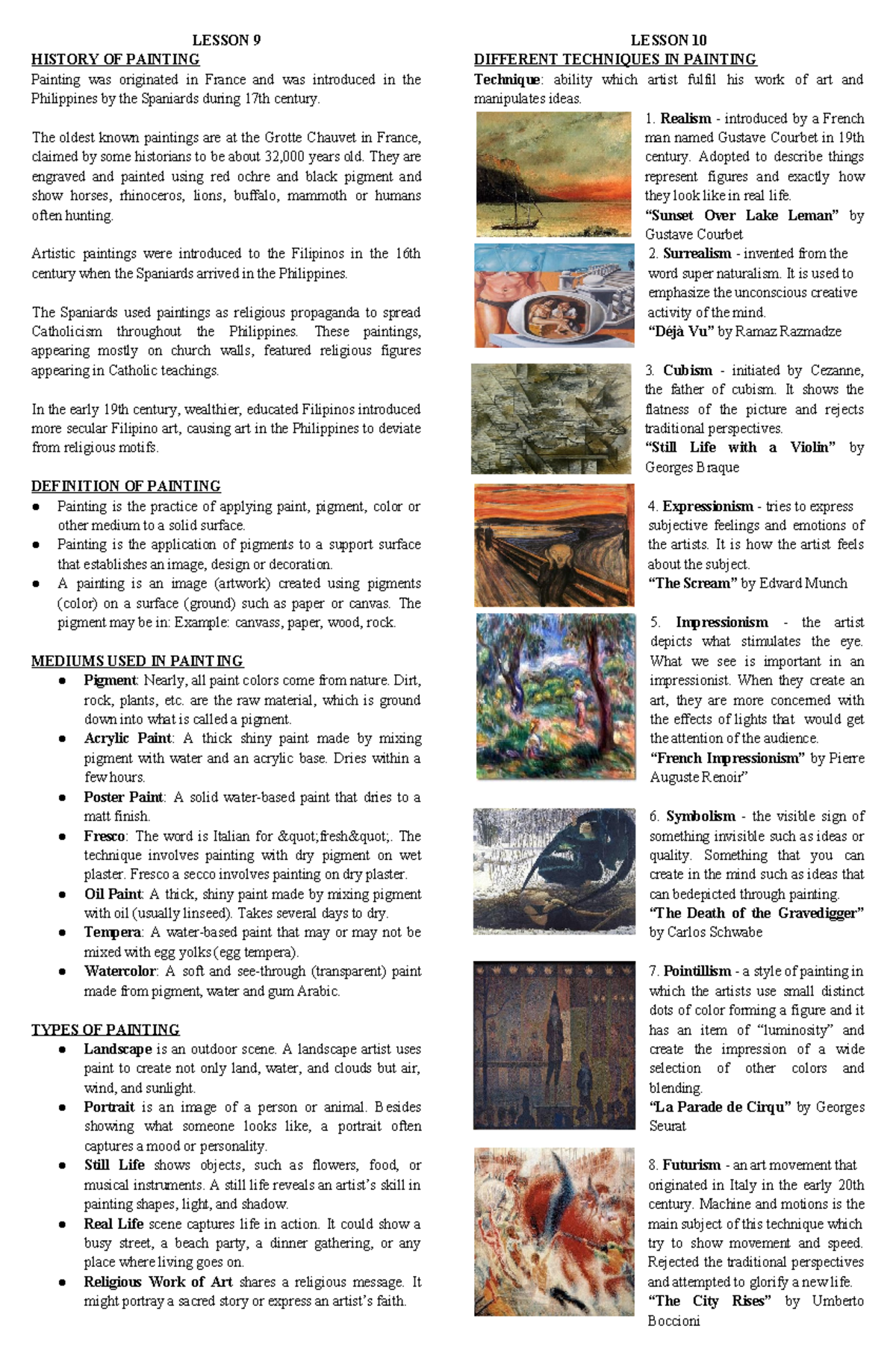 LESSON 9: HISTORY OF PAINTING AND TECHNIQUES IN ART (ART 101) - Studocu