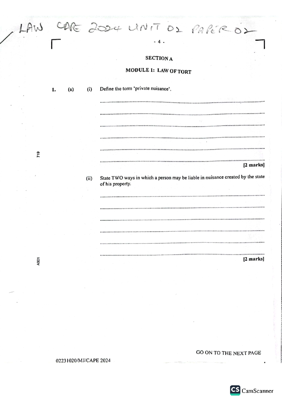 CAPE Law 2024 U2 P2 - Past Exam Paper on Tort, Contract, and Property ...