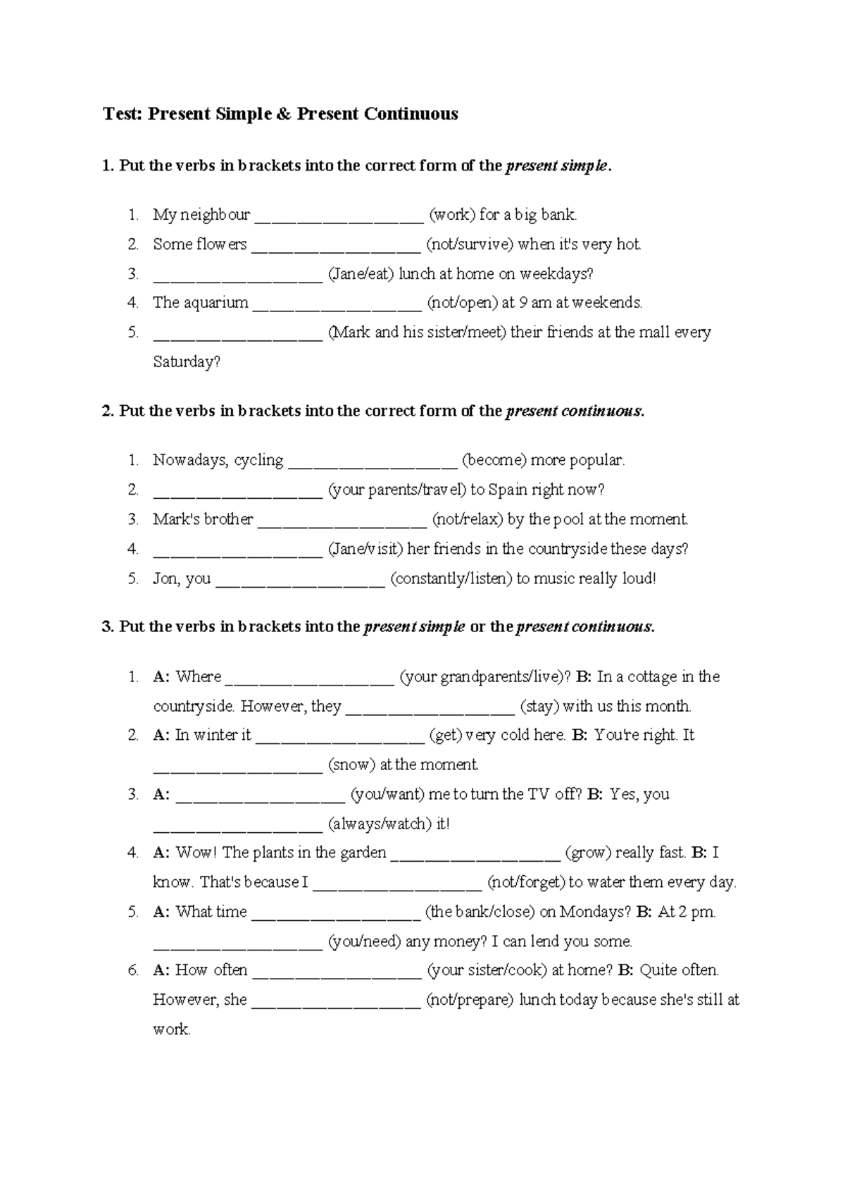 Test: Present Simple & Present Continuous Exercises - Studocu