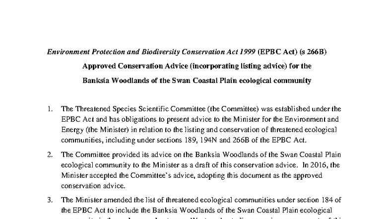 EPBC Act Approved Conservation Advice for Banksia Woodlands (Bio 1 ...
