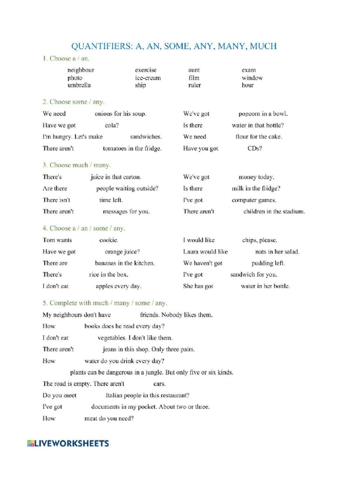 Quantifiers: A, An, Some, Any, Many, Much Exercises - Studocu