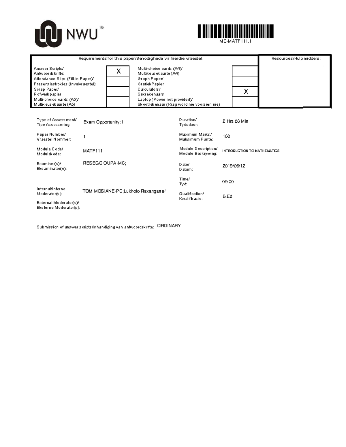 MATF111.1: Introduction to Mathematics Exam Paper - June 2019 - Studocu