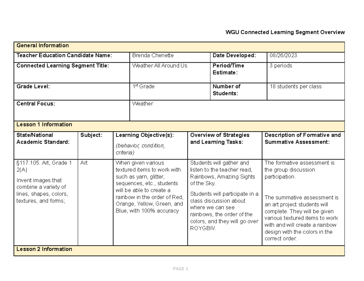 WGU Childrens Literature Task 2 - WGU Connected Learning Segment Overview General Information ...