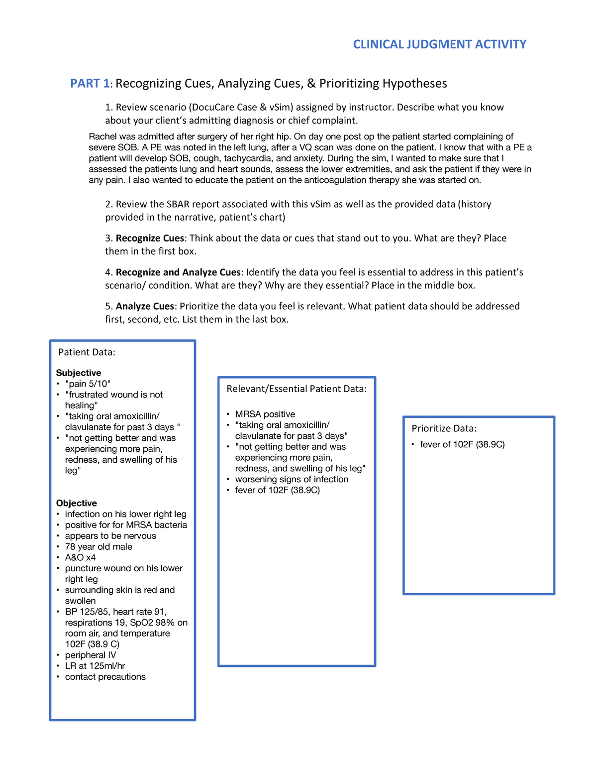 Clinical Judgment Activity - Recognizing Cues: Case Study for CLN 101 ...