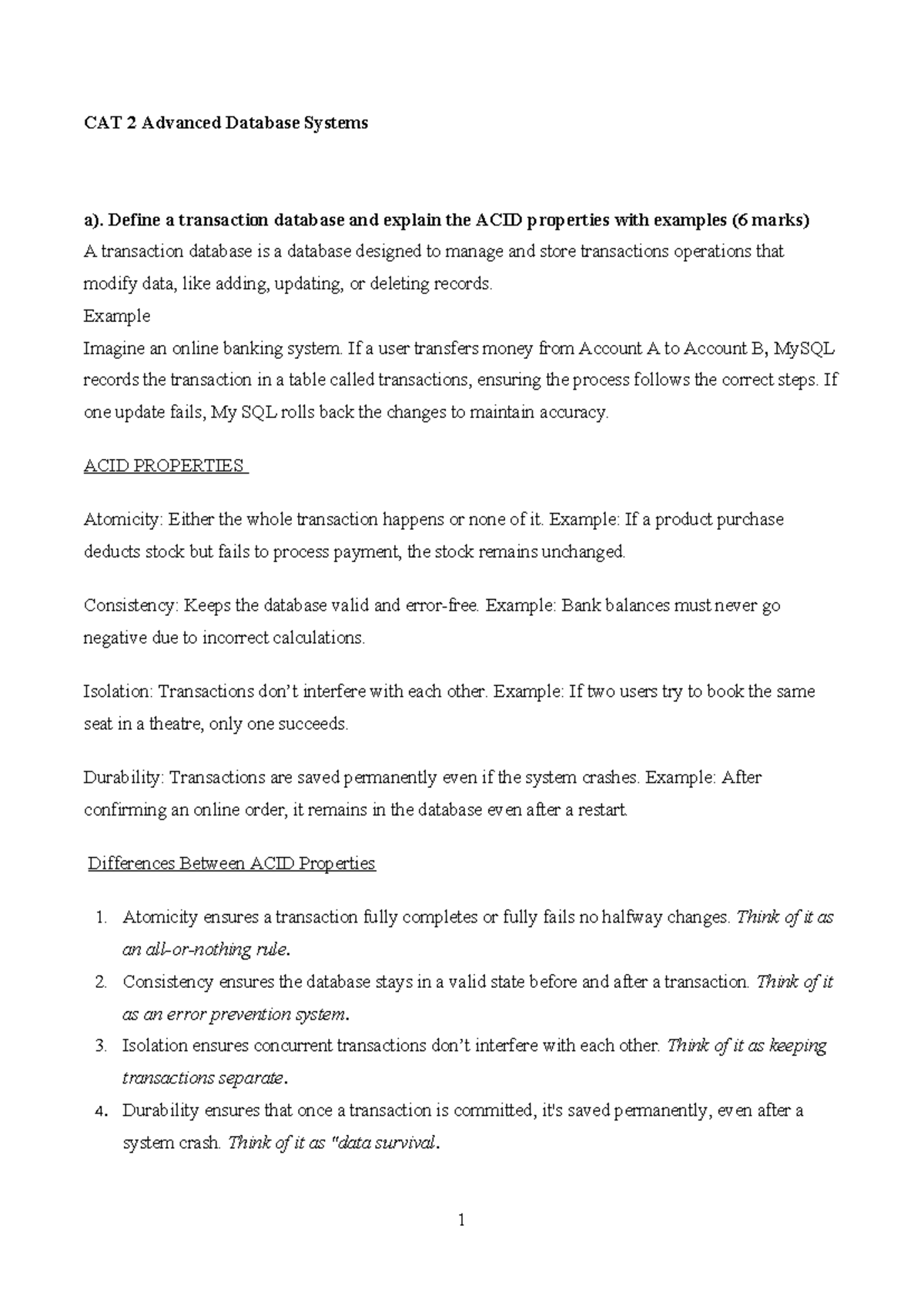 CAT 2 Advanced Database Systems: Revision Notes on Transactions & SQL ...