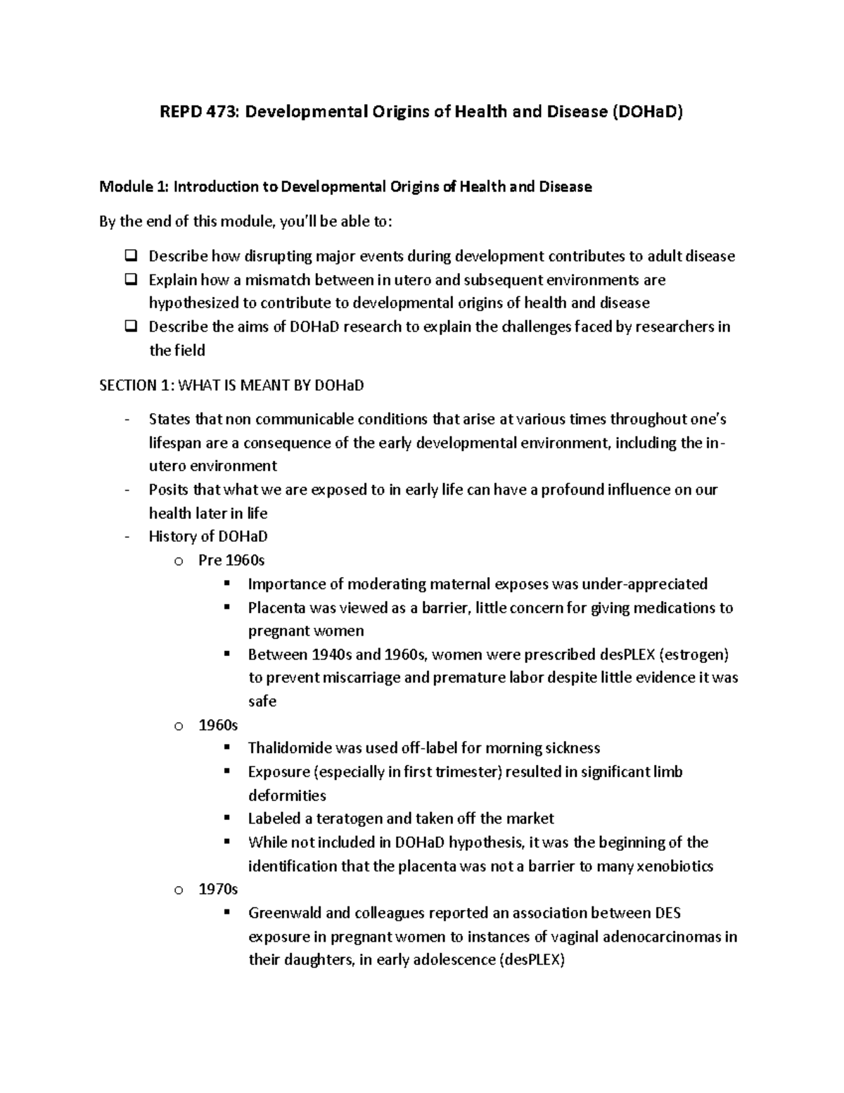 REPD 473: DOHaD Module 1 - Developmental Origins of Health and Disease ...
