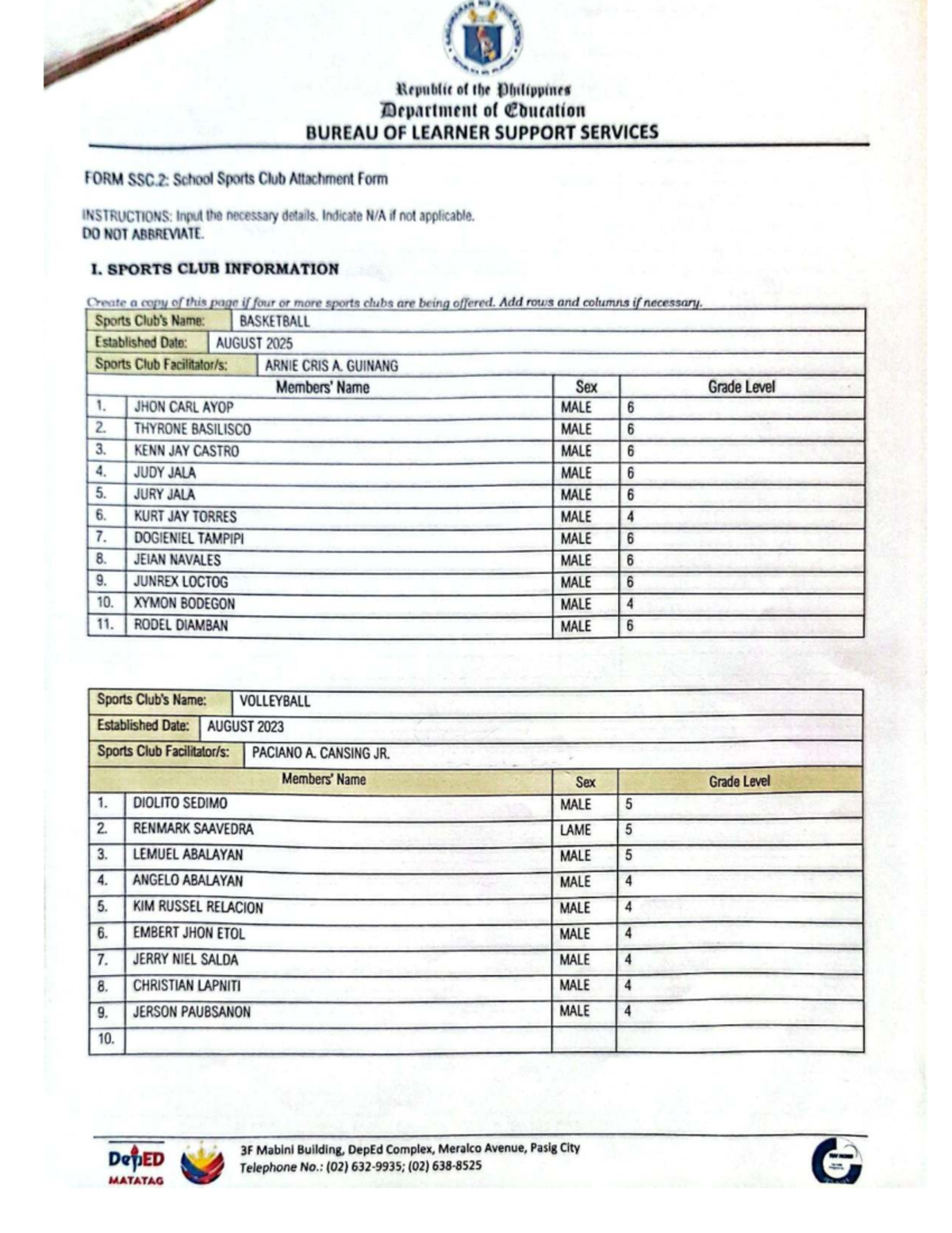 SSC Form 2: School Sports Club Attachment - Philippines - Studocu