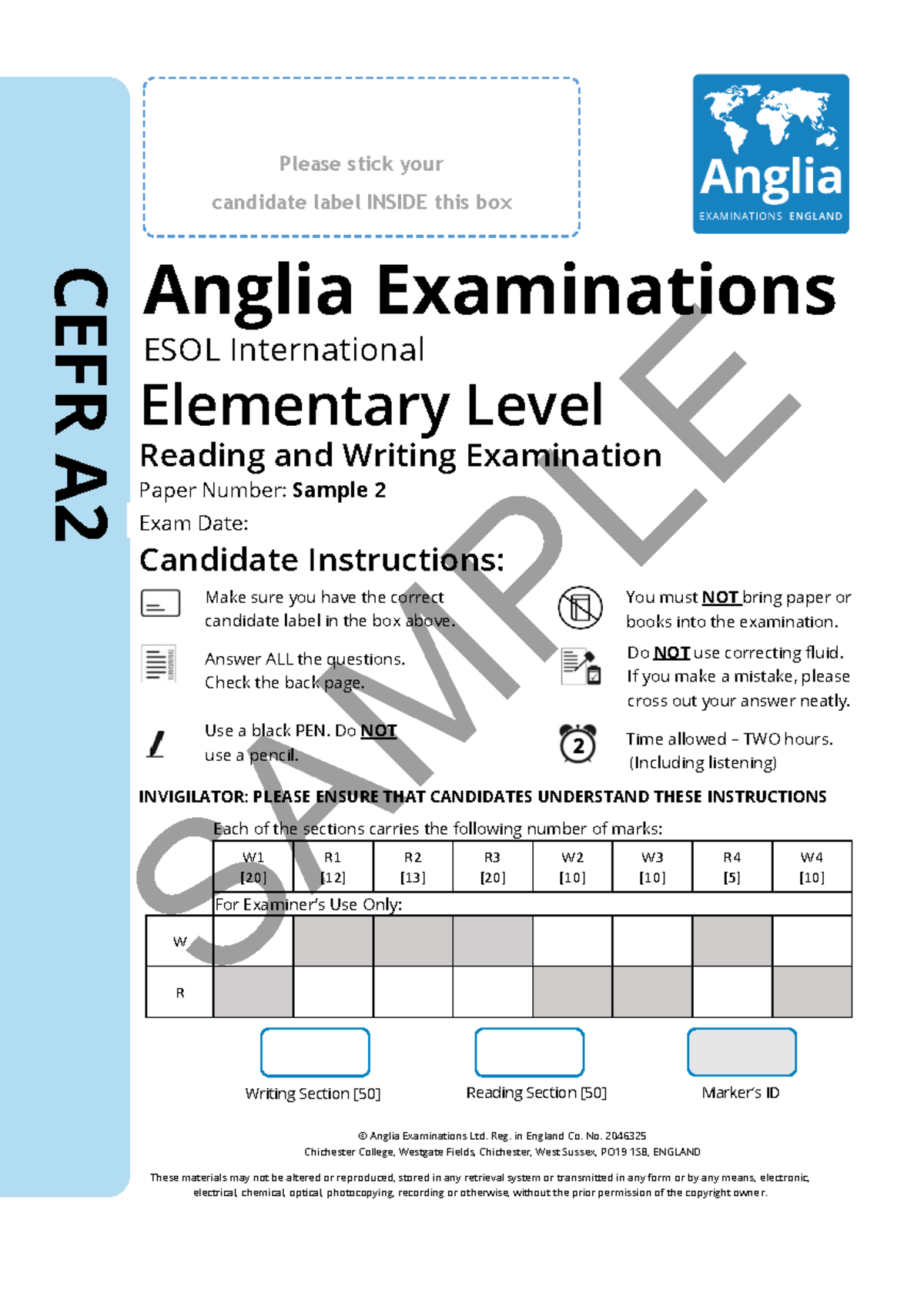 ESOL International E Elementary Level Reading & Writing Exam Sample 2 ...
