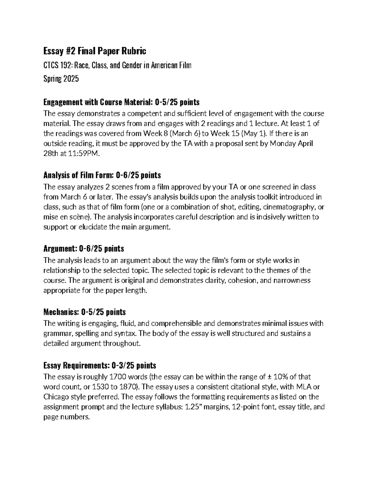 Essay 2 Final Paper Rubric CTCS 192: Race, Class, and Gender in Film ...