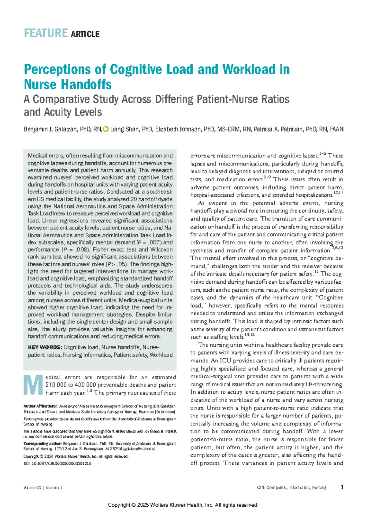 CIN 2025: Cognitive Load & Workload in Nurse Handoffs - A Comparative ...