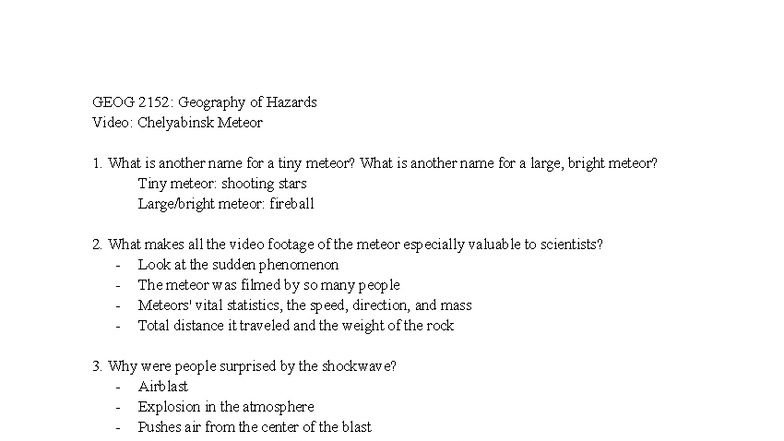 GEOG 2152: Chelyabinsk Meteor Analysis Questions - Studocu