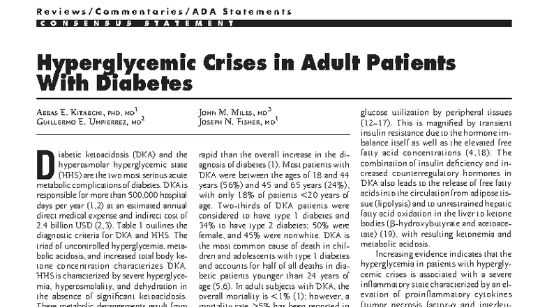Hyperglycemic Crises in Adults: DKA and HHS Consensus Statement 2009 - Studocu
