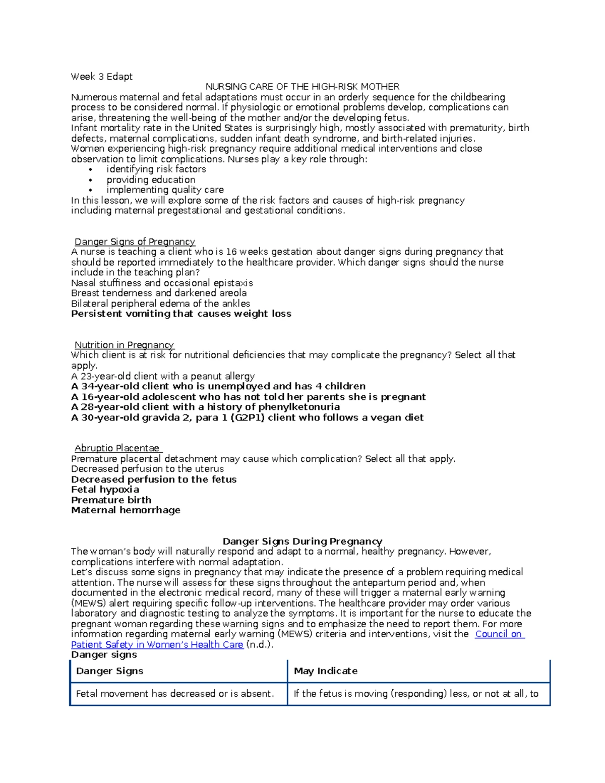 Week 1 Edapt Introduction to Maternal Child Nursing - Many expectant mothers have other health ...