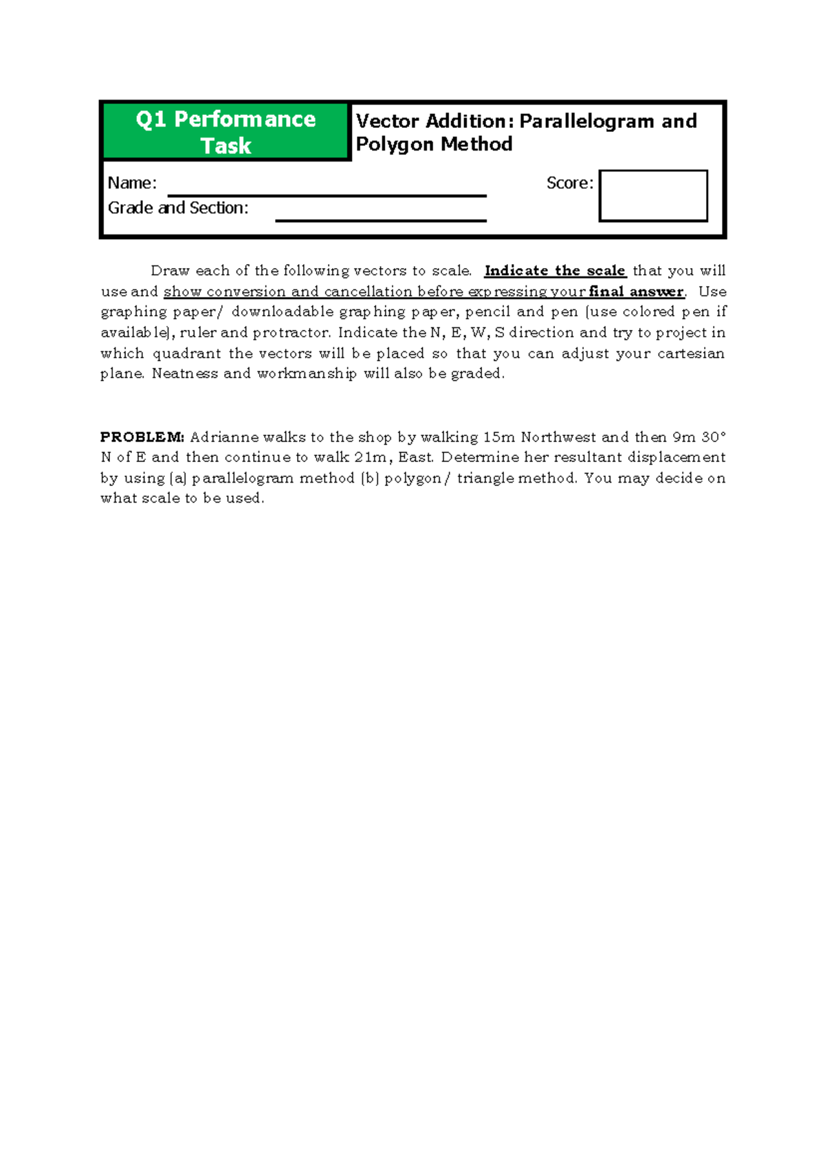 008-009 G12 STEM Performance Task: Vectors Addition Techniques - Studocu