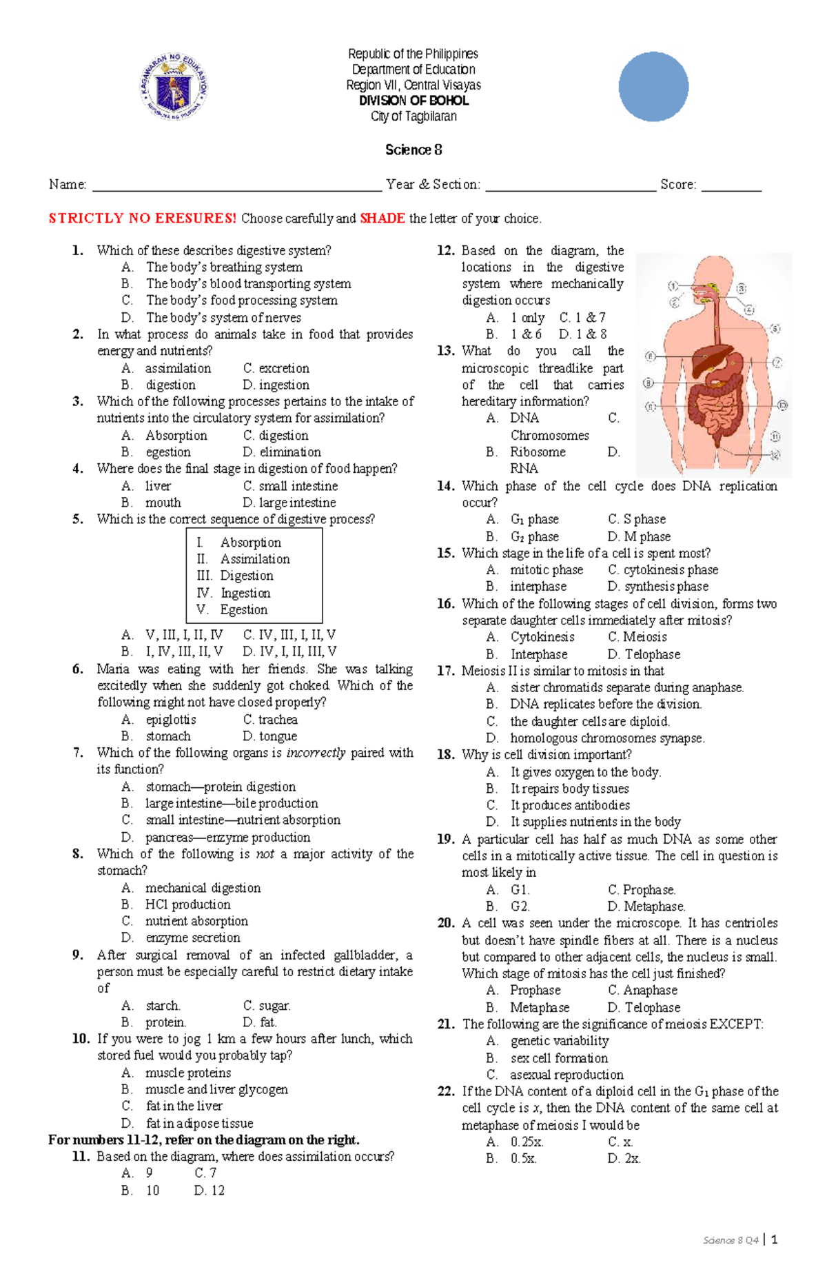 Science 8 Q4 Summative Test on Digestive System and Cell Division - Studocu