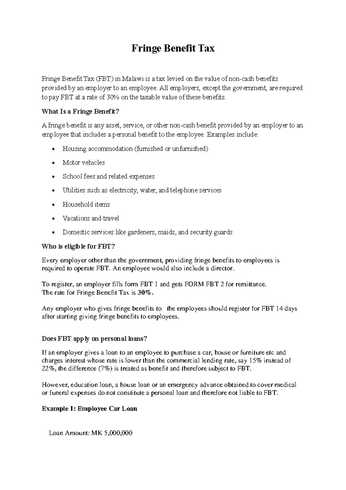 Fringe Benefit Tax (FBT) Overview and Guidelines in Malawi - Studocu