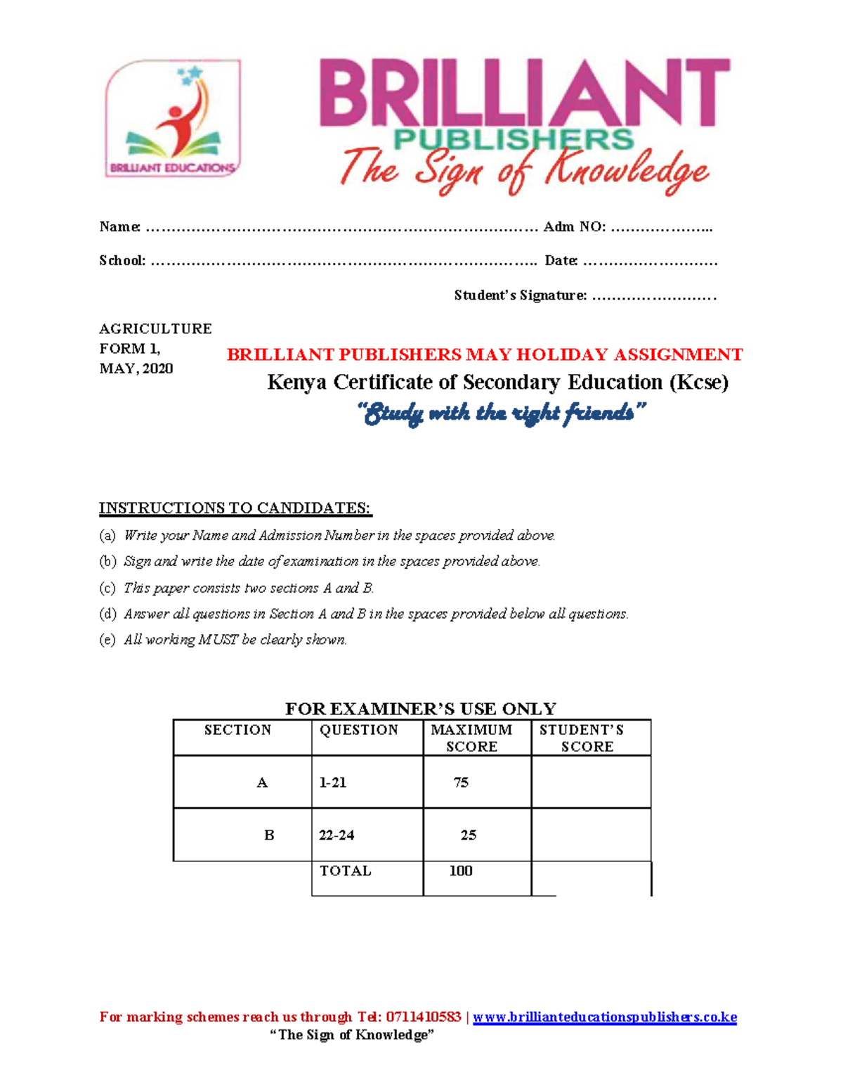 Brilliant FORM 1 MAY Holiday Assignment - Agriculture & Biology QS ...