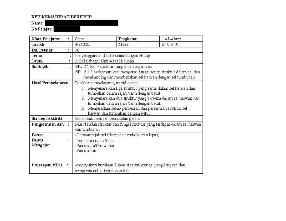 RPH Sains Tingkatan 1: Kemahiran Berfikir Sel Haiwan & Tumbuhan - Studocu